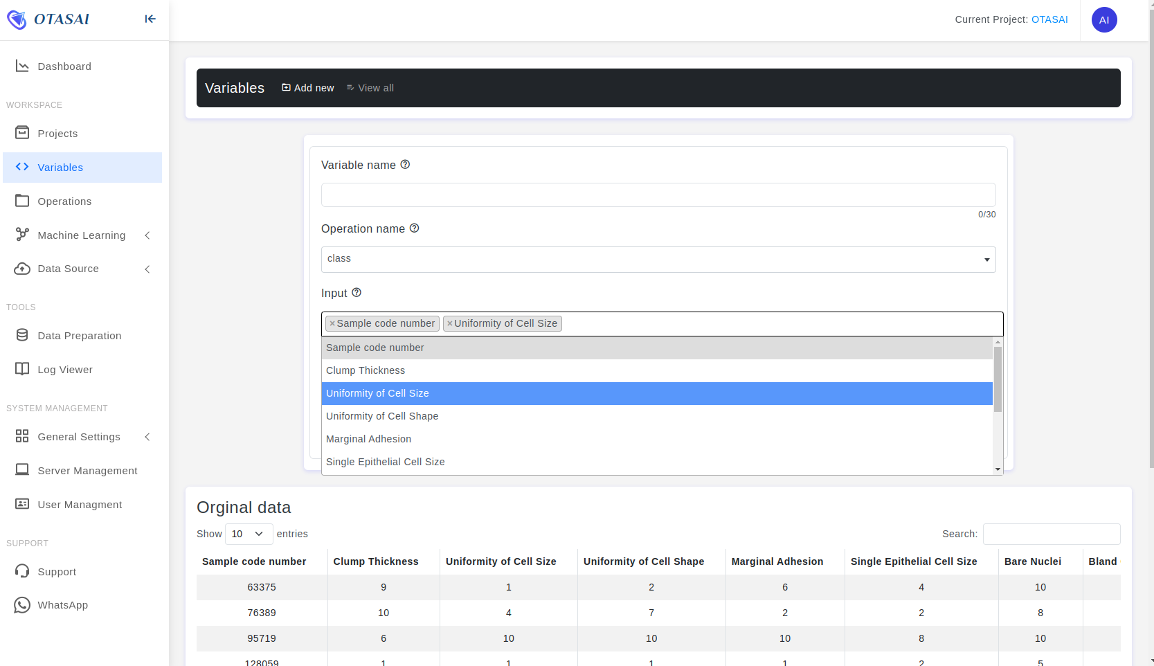 Variables overview - OTASAI